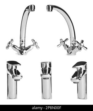 Set with new water faucets on white background Stock Photo - Alamy