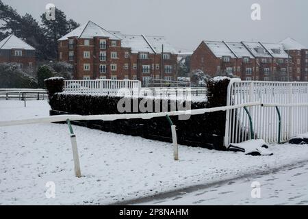 Warwick Racecourse in snowy weather, Warwickshire, England, UK Stock ...