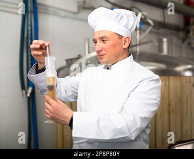 Brewery owner checking alcoholic content in beer with hydrometer Stock ...