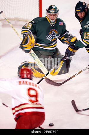 Alaska Anchorage goaltender Bryce Christianson couldn't reach the far ...