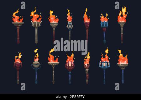 Medieval fire torch, game asset. Cartoon vector ancient burning brands ...