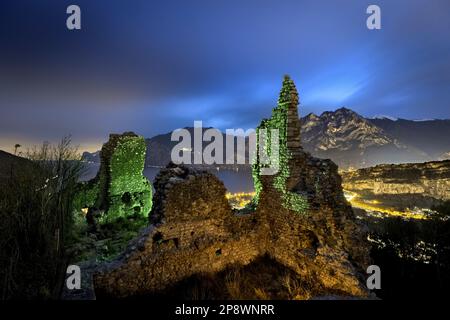 Mysterious night at the medieval ruins of Penede castle. Nago Torbole ...