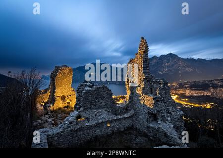 Mysterious night at the medieval ruins of Penede castle. Nago Torbole ...