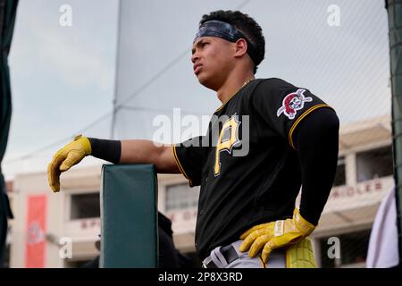 Pittsburgh Pirates Endy Rodriguez (25) hits a single during a spring ...