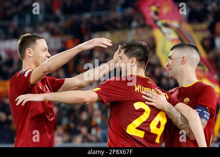 Gianluca Mancini (L) and Marash Kumbulla (R) of Roma gestures during ...