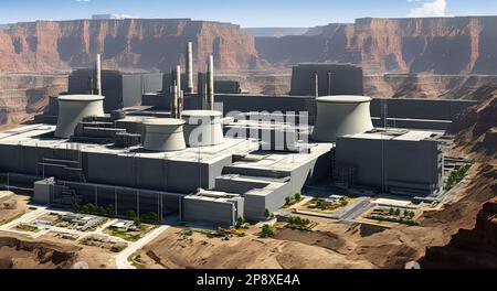 A huge modern nuclear power plant building producing energy using ...