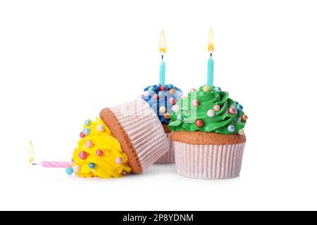 Dropped cupcake among good ones on white background. Troubles happen ...