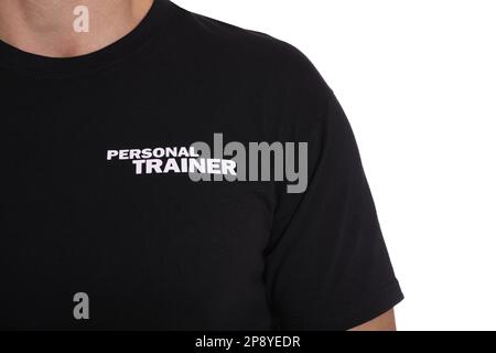 Personal trainer in uniform on white background, closeup. Gym ...