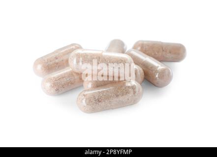 Many transparent gelatin capsules on white background Stock Photo - Alamy