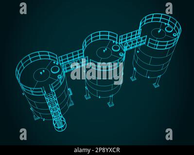 Stylized vector illustration of big fermentation stainless steel tanks ...