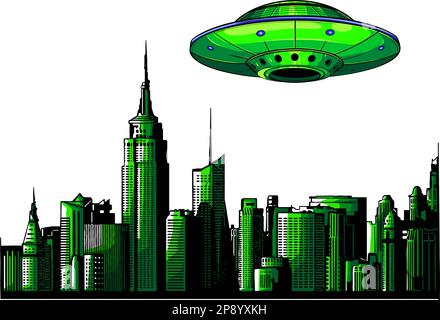 UFO Flying Spaceship with Flying Saucer Over the City Sky Abducts Human ...