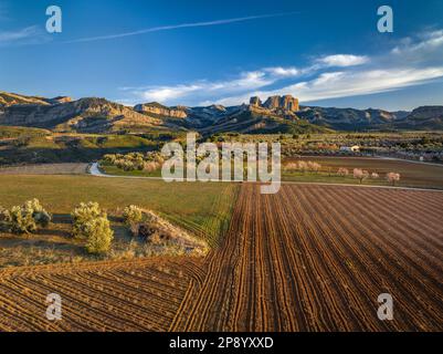 Spring sunset at the Roques de Benet rocks, in Els Ports Natural Park ...