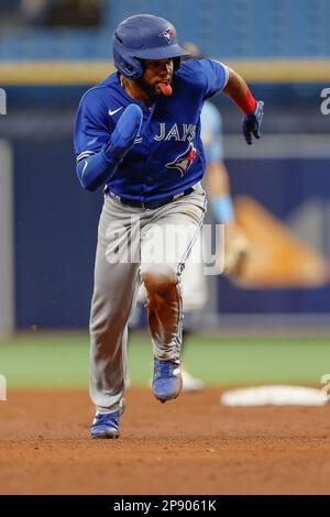 Toronto Blue Jays' Davis Schneider tosses his bat as he walks in the ...