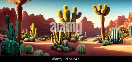 Aesthetic desert landscape with cactus bush illustration Stock Vector ...