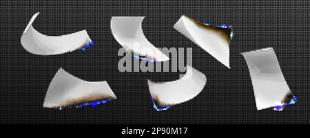 Burning white paper sheets with blue fire and black scorched edges ...