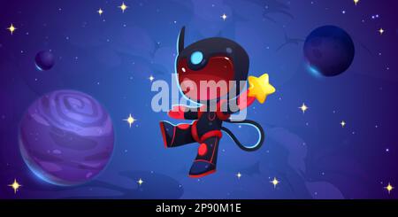 Cute astronaut alien holding helmet with spaceship ufo cartoon vector ...