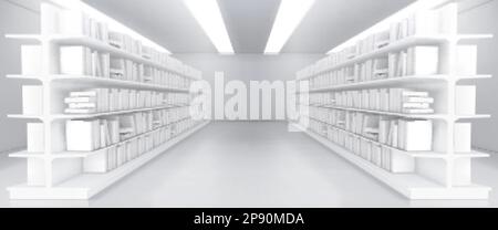 Blank shelves in supermarket aisle. Cartoon vector background with ...