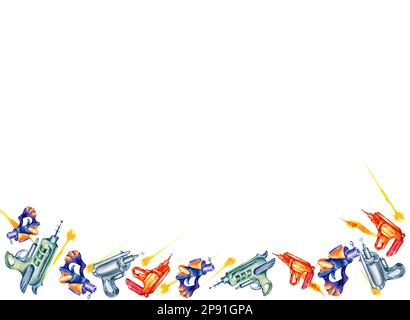 watercolour border with toy guns, fantastic weapons, space pistols ...