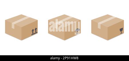 Realistic cardboard box icon symbols. Blank white cube product ...