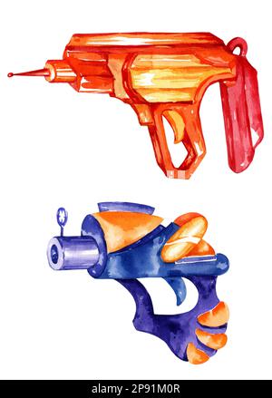 watercolour toy gun, hand draw illustration, fantastic weapon, space ...