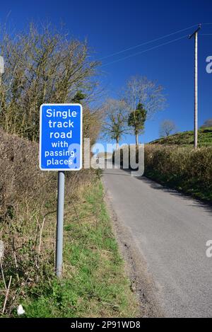 Narrow single-track road beside Eggardon Hill hill-fort, heading ...
