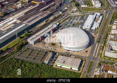 Aerial view, PSD BANK DOME event arena in Rath district in Düsseldorf ...