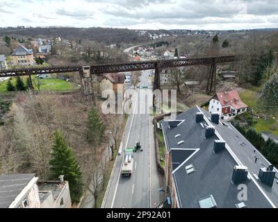 10 March 2023, Thuringia, Weida: Barriers stand on the federal road B92 ...