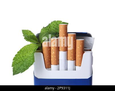 Pack of menthol cigarettes and fresh mint on colored table, Menthol ...