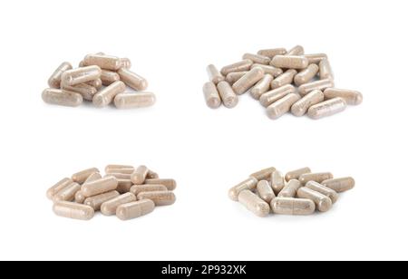 Transparent gelatin capsules on white background, collage. Banner ...