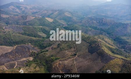 Mountain destroyed by human for cultivate plants. Aerial view of ...