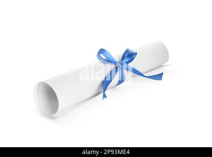 Rolled student's diploma with light blue ribbon isolated on white Stock ...