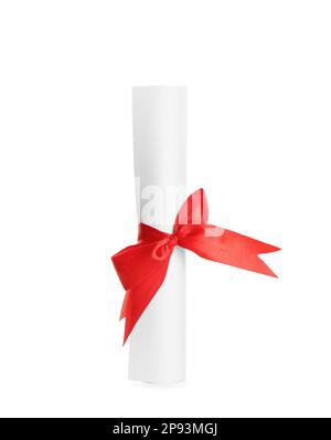 Rolled student's diploma with red ribbon isolated on white Stock Photo ...