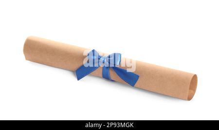 Rolled student's diploma with light blue ribbon isolated on white Stock ...