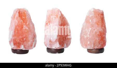 Set with pink Himalayan salt lamps on white background. Banner design ...