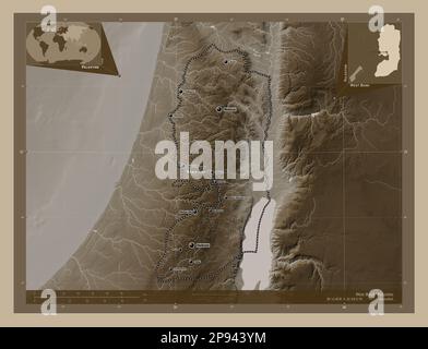 West Bank, region of Palestine. Colored elevation map with lakes and ...