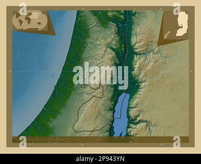 West Bank, region of Palestine. Colored elevation map with lakes and ...