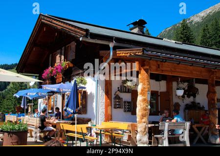 View over the terrace of the Tuftlalm (1496m), sun terrace, Lermoos ...