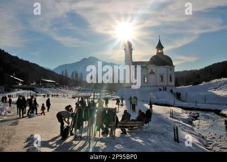 Austria, Tyrol, Seefeld, Seekirchl, winter mountain landscape, church ...