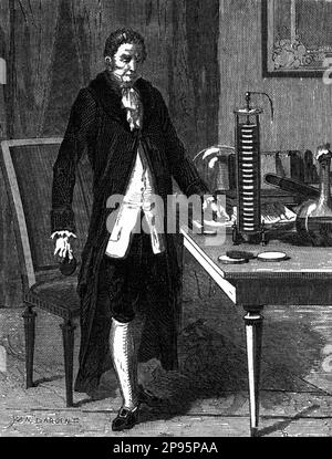 Alessandro Volta (1745-1827), demonstrating his electricity generating ...