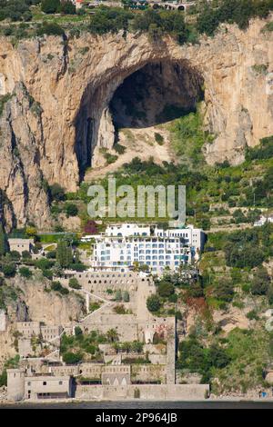 Views of the Amalfi coast with scattered housing and hotels seen from a ...