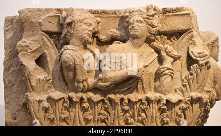 Ornately carved Roman tufa stone capital from Pompeii depicting married ...