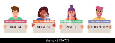 Gender pronouns - people holding signs with different pronouns, male ...