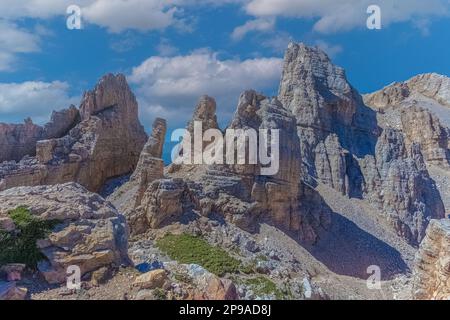 Dolomite rocky scenario with giant pinnacles and ridges in the Latemar ...