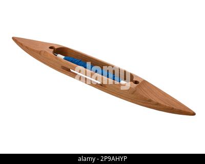 Wooden weaving shuttle with blue yarn is inserted in open shed ...