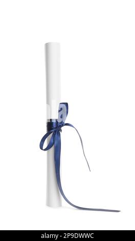 Rolled student's diploma with blue ribbon on white background Stock ...
