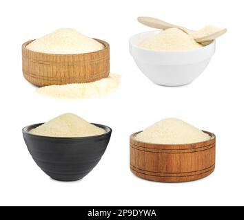 Gelatin powder in bowls on white background, collage. Banner design ...