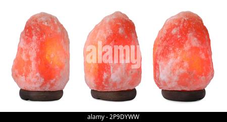 Set with pink Himalayan salt lamps on white background. Banner design ...