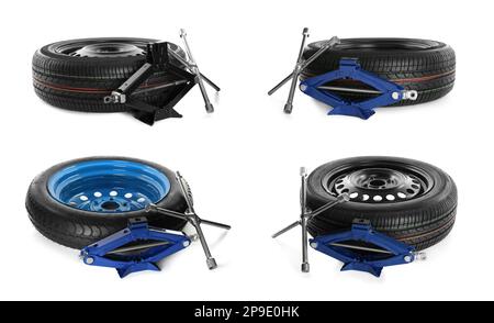 Set with scissor jacks, cross torque wrenches and wheels on white ...