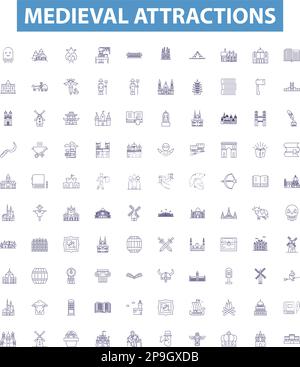 Medieval attractions line icons signs set. Design collection of Castles ...