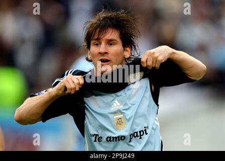 Lionel Messi after scoring at the 2008 Olympic Games in a game against ...
